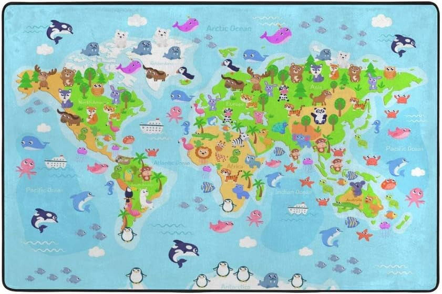 GZHJMY Soft Kids Rug World Map Area Rug Children Non Skid Animal Area ...