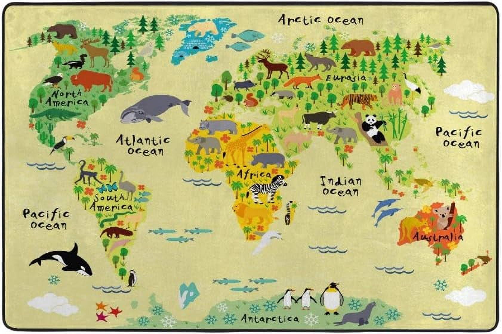 GZHJMY Soft Kids Rug World Map Area Rug Children Non Skid Animal Area ...