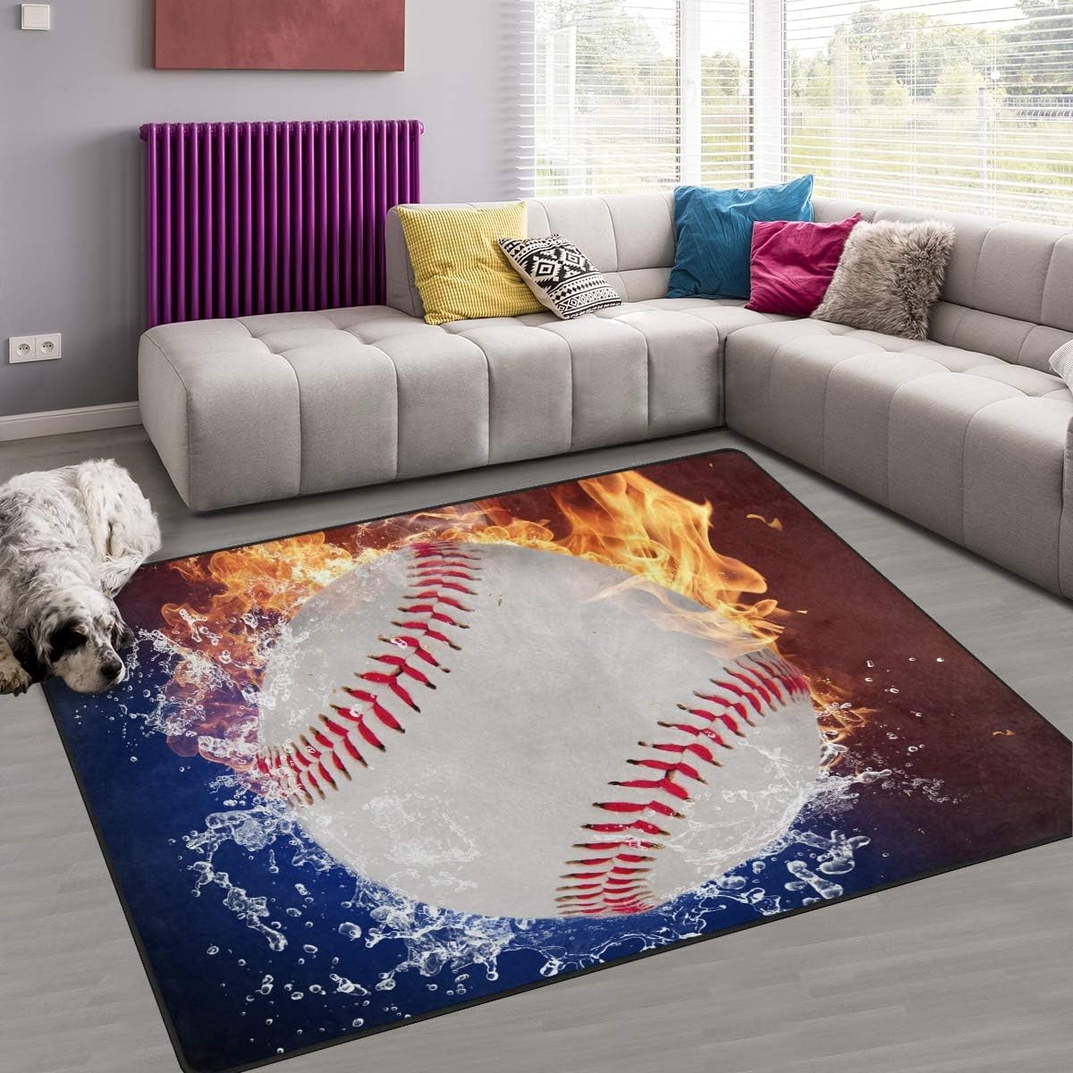GZHJMY Sport Area Rug 4'x6', Fire and Water Baseball Ball Polyester ...