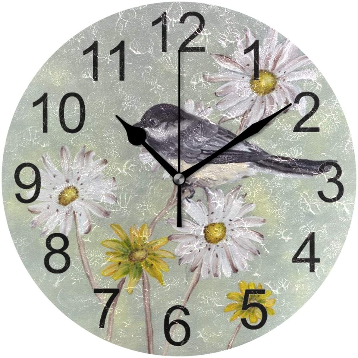 GZHJMY Spring Bird Round Wall Clock Daisy Silent Non Ticking Wall ...
