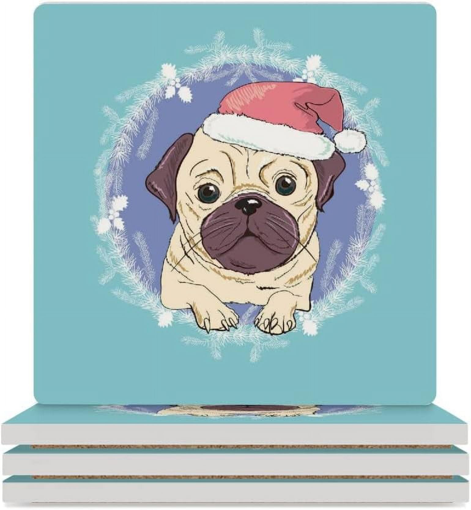 GZHJMY Square Drink Coasters 2 Pcs Cute Pug Dog on a Wreath Absorbent ...