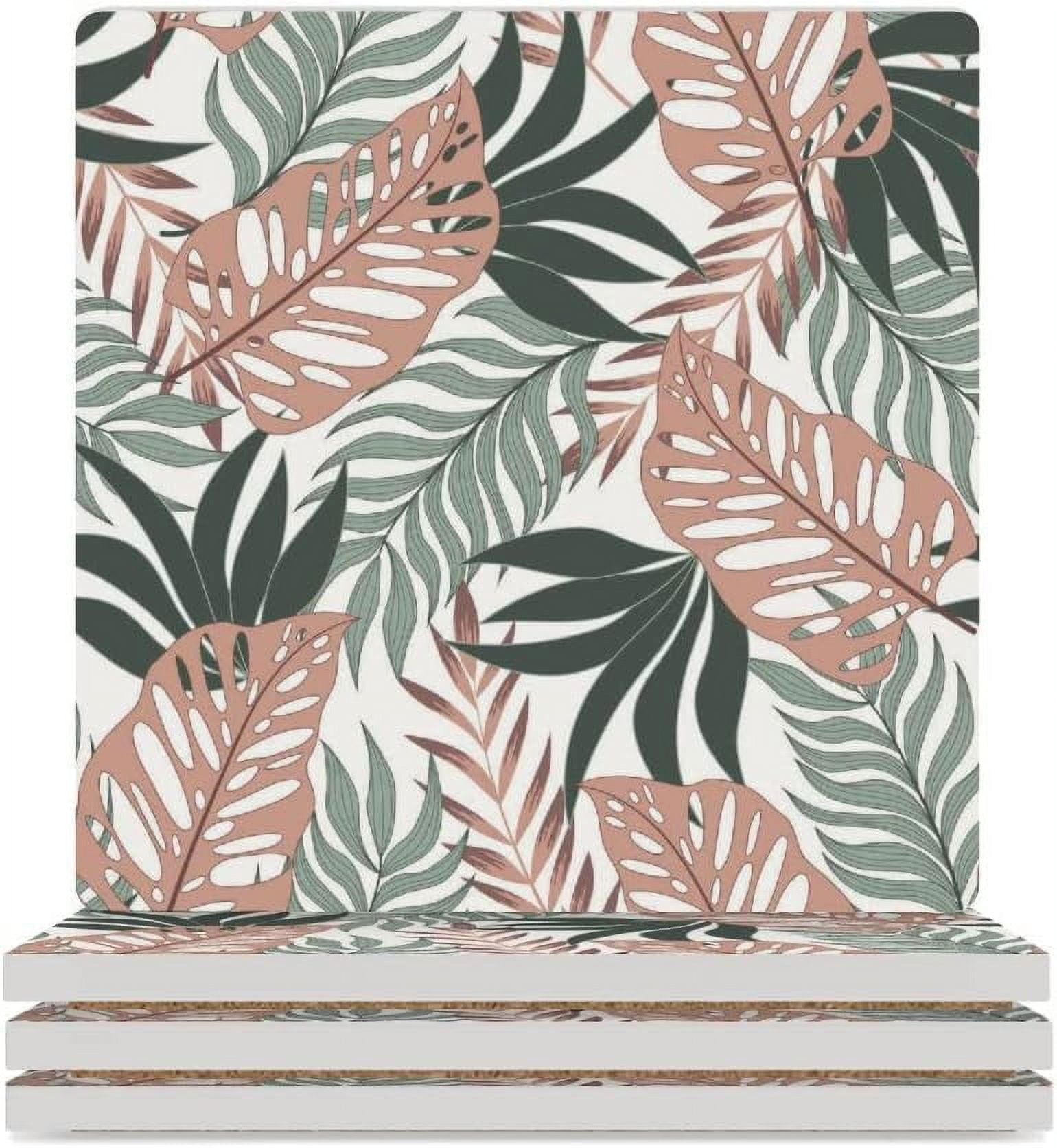 GZHJMY Square Drink Coasters 2 Pcs Pink Green Leaves on White Absorbent ...