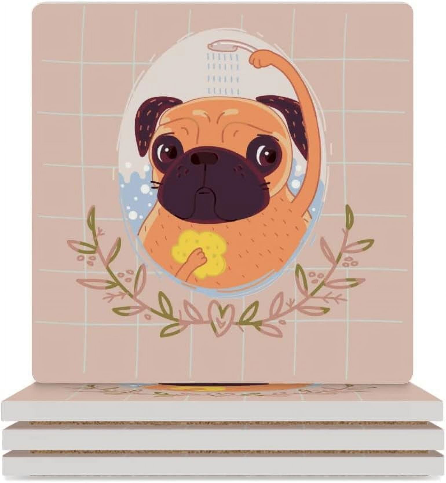 GZHJMY Square Drink Coasters 2 Pcs Pug in The Shower Absorbent Ceramic ...