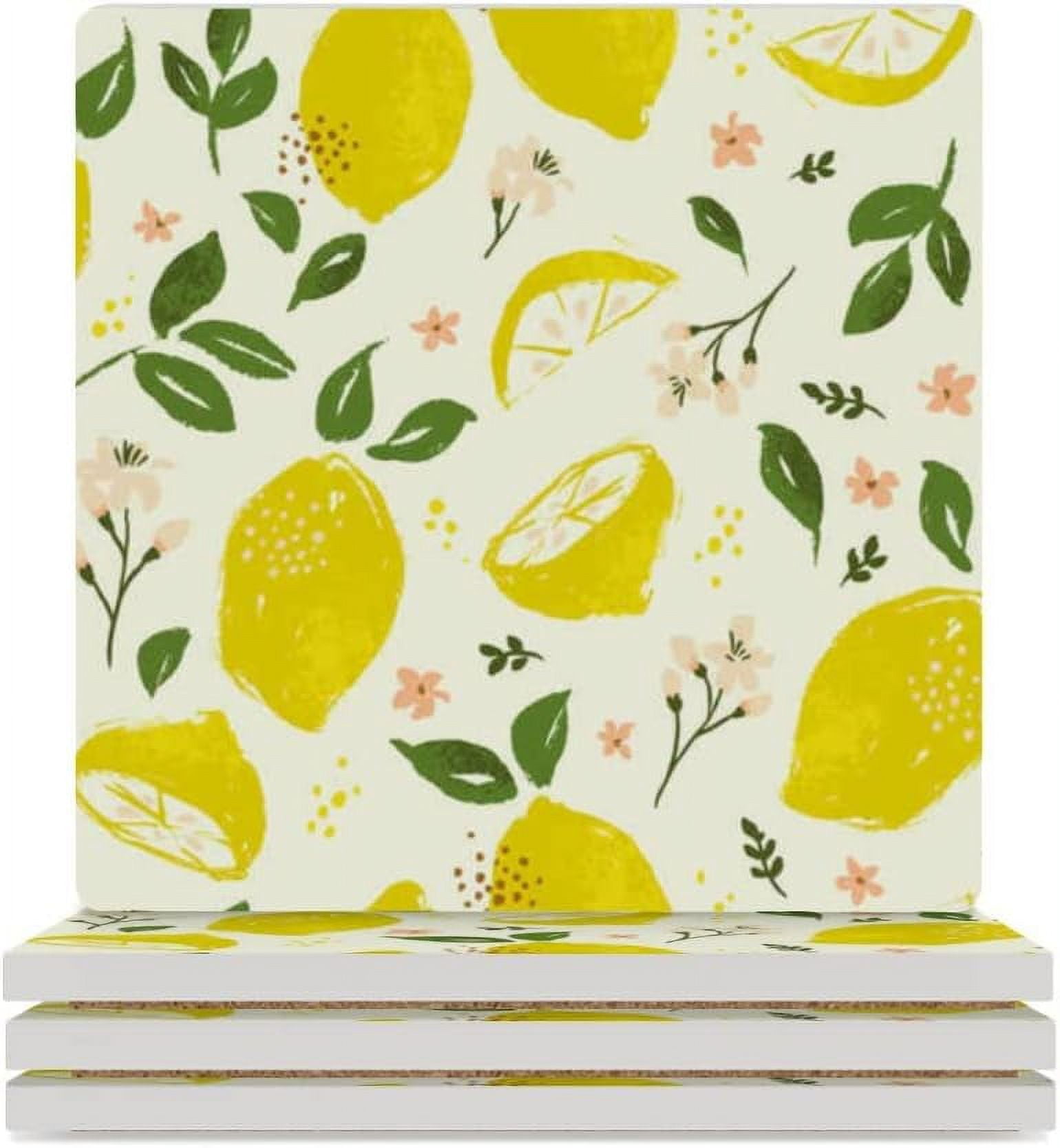 GZHJMY Square Drink Coasters 2 Pcs Summer Lemon Fruit with Flowers ...