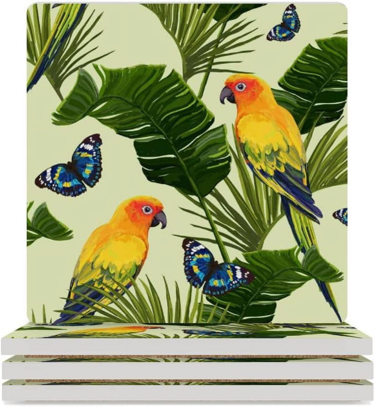 GZHJMY Square Drink Coasters 2 Pcs Summer Parrots Butterflies Tropical ...
