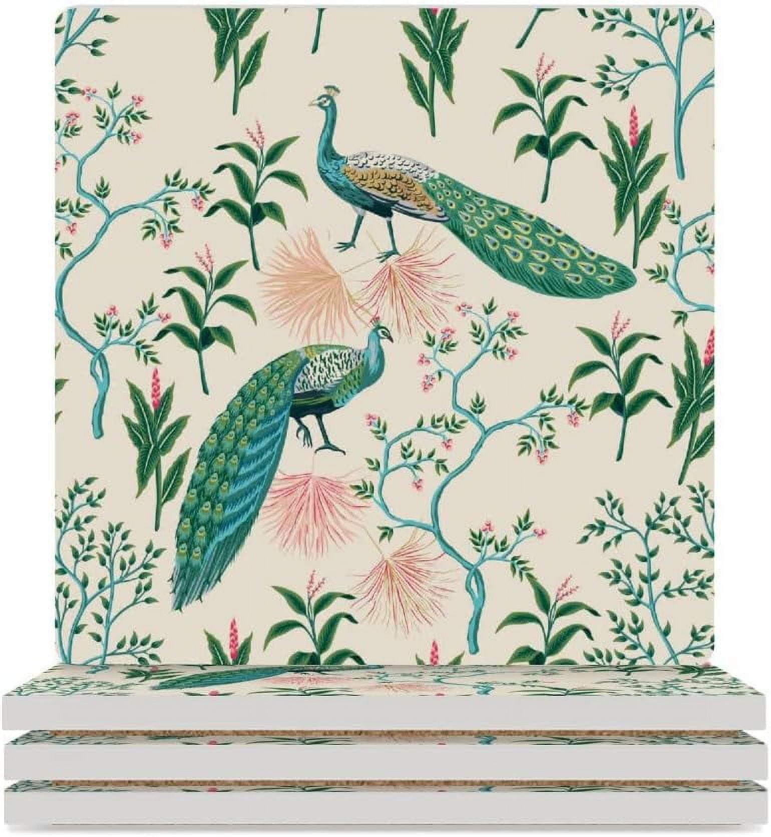 GZHJMY Square Drink Coasters 2 Pcs Vintage Tree Peacock Palm Leaves Absorbent Ceramic Coffee ...