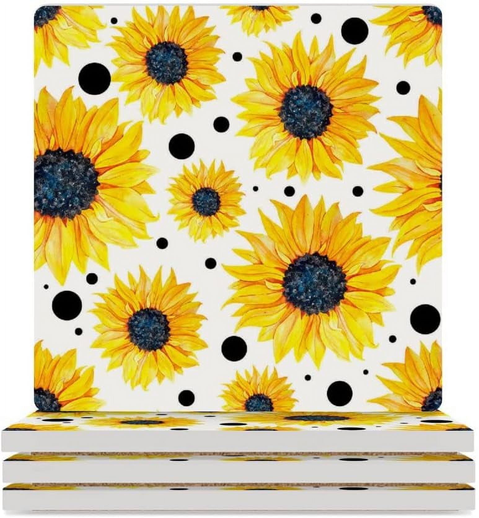 GZHJMY Square Drink Coasters 2 Pcs Yellow Sunflowers on White Absorbent ...