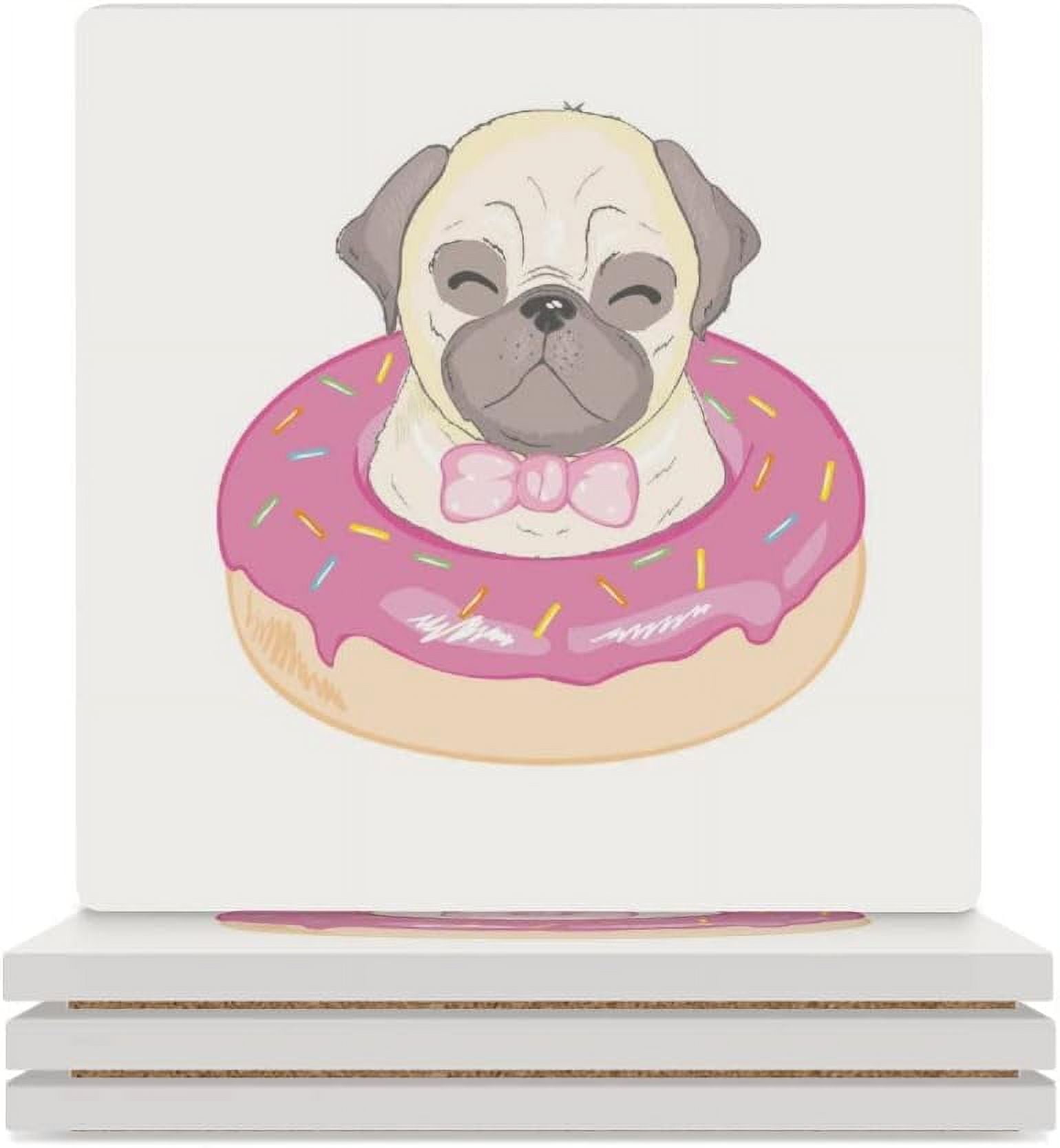 GZHJMY Square Drink Coasters, 4 Pcs Cute Happy Pug on Pink Donut ...