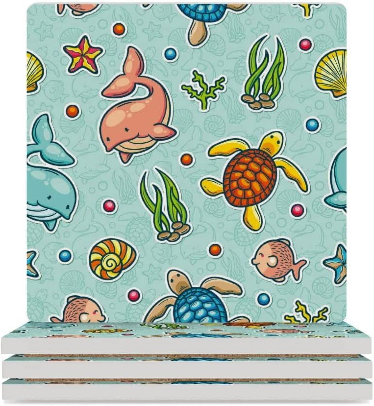GZHJMY Square Drink Coasters, 4 Pcs Cute Sea Animals Absorbent Ceramic ...