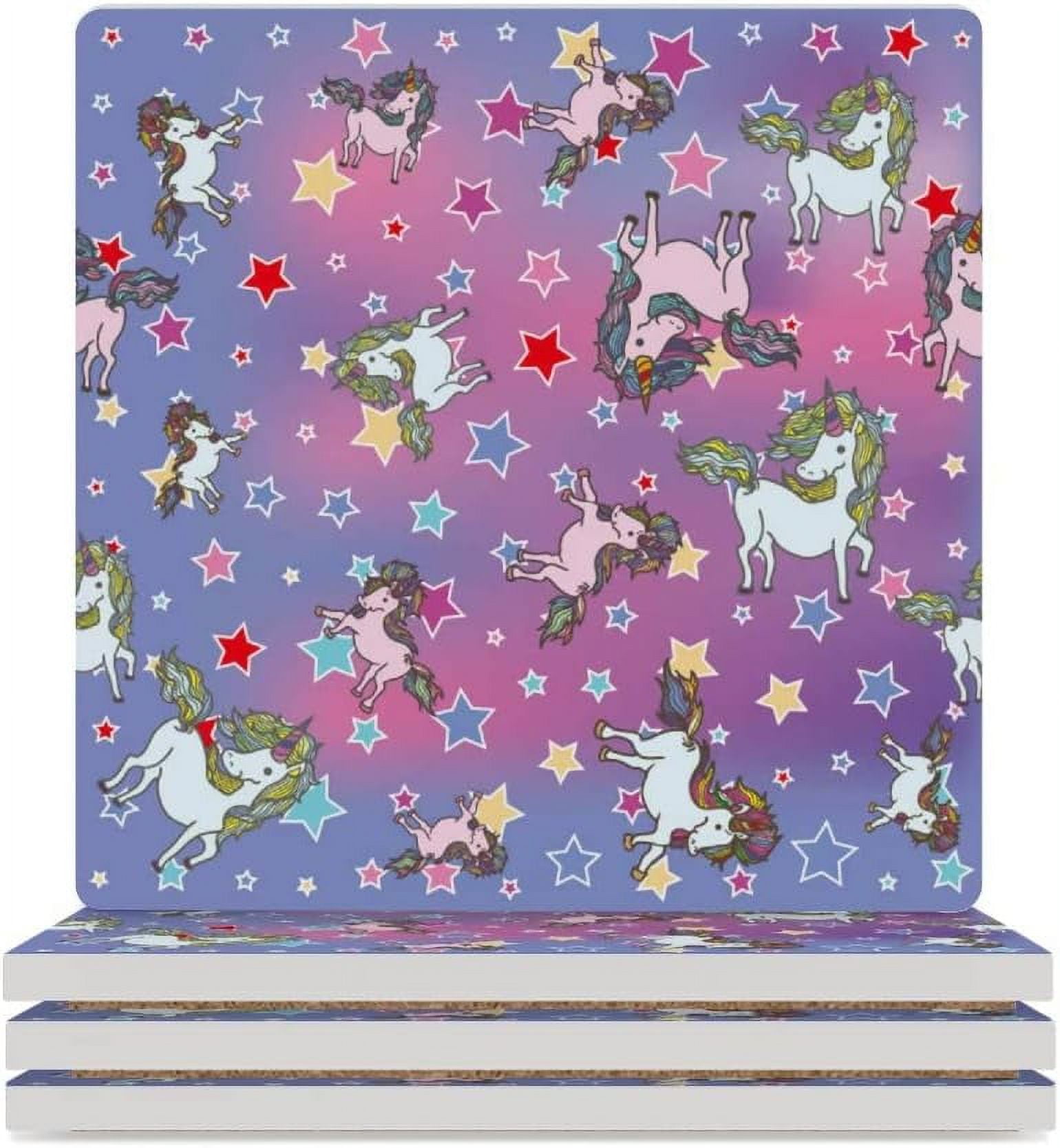GZHJMY Square Drink Coasters, 4 Pcs Cute Unicorn with Colorful Rainbow ...