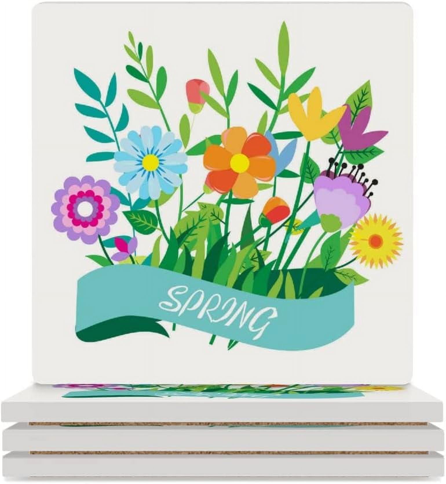 GZHJMY Square Drink Coasters, 4 Pcs Spring Elements Flower Leaf ...