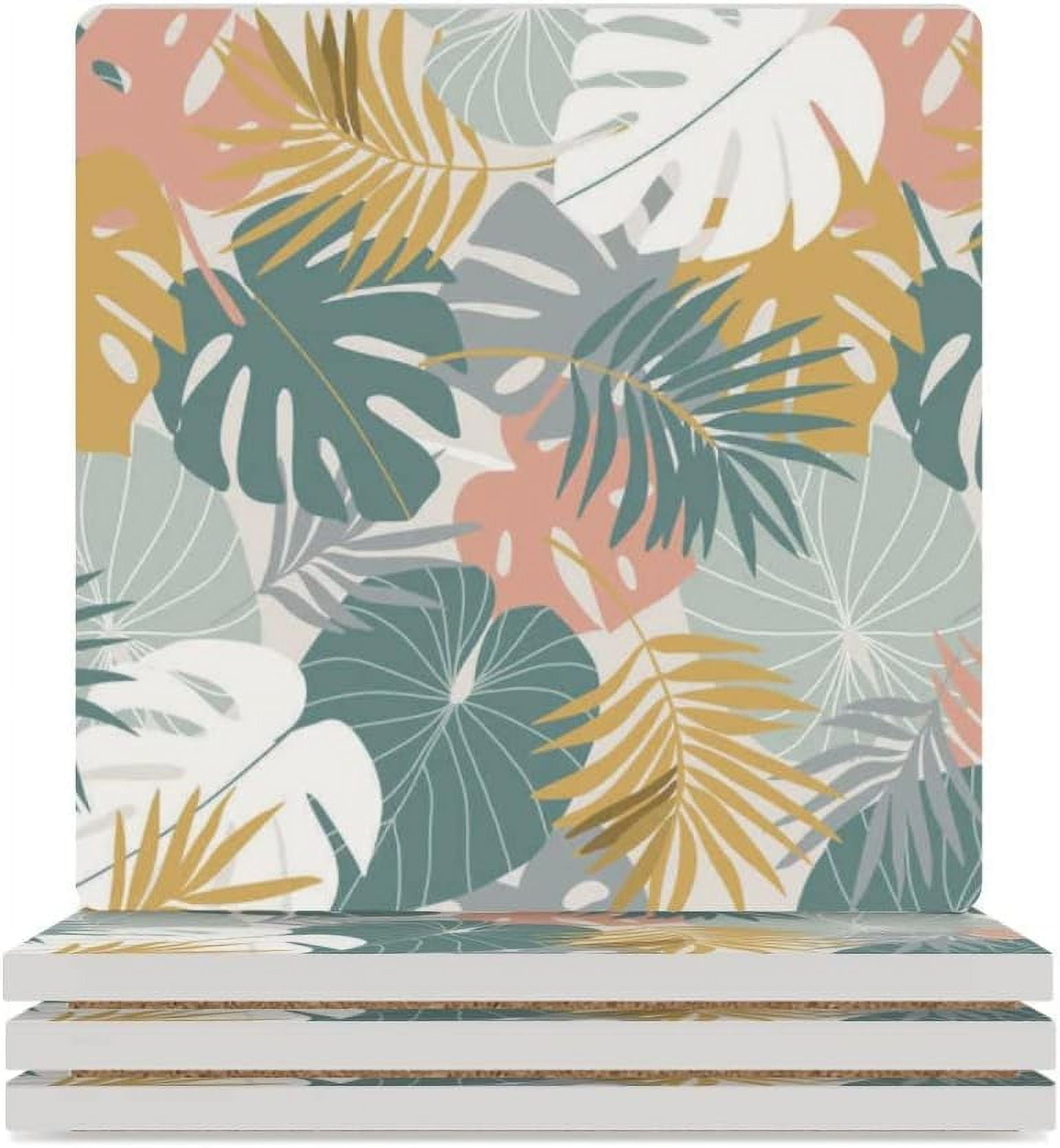 GZHJMY Square Drink Coasters, 4 Pcs Tropical Jungle Plants Palm Leaves ...