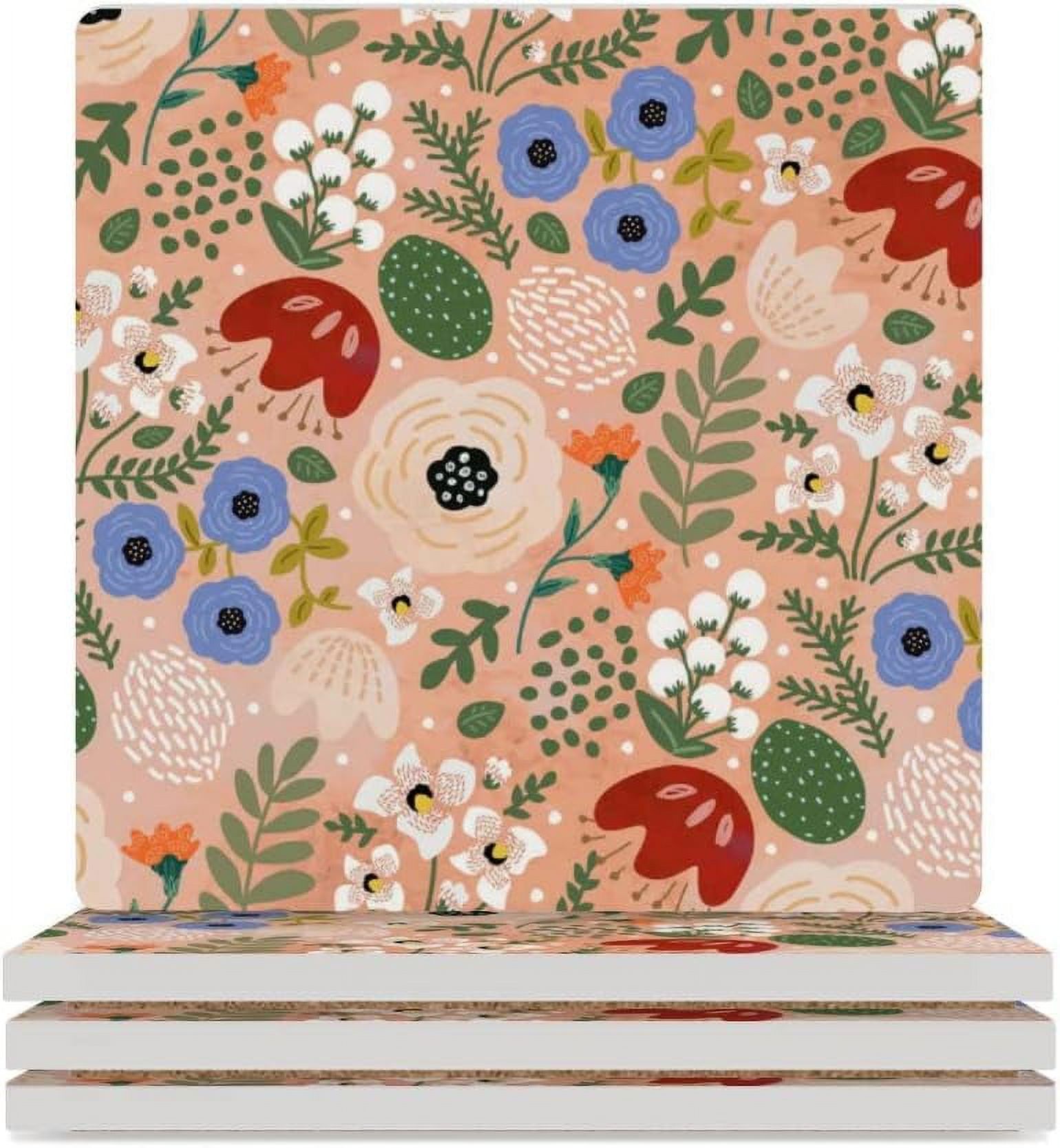 GZHJMY Square Drink Coasters, 4 Pcs Watercolor Flowers Leaves Absorbent ...