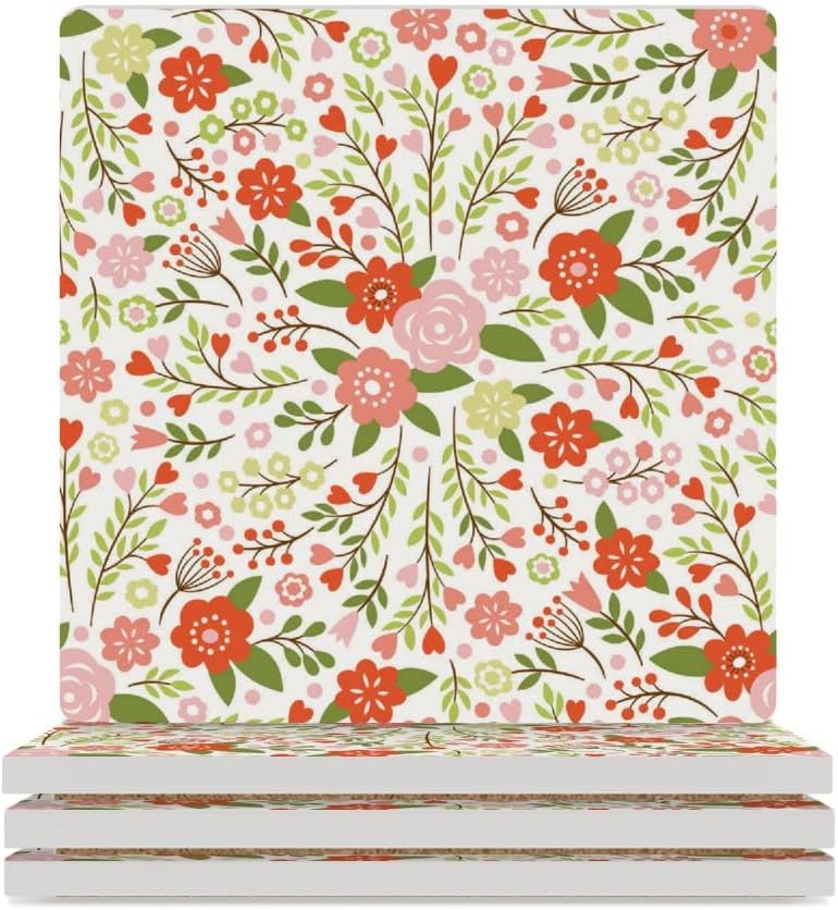 GZHJMY Square Drink Coasters, 6 Pcs Floral Pattern Beautiful Flowers ...