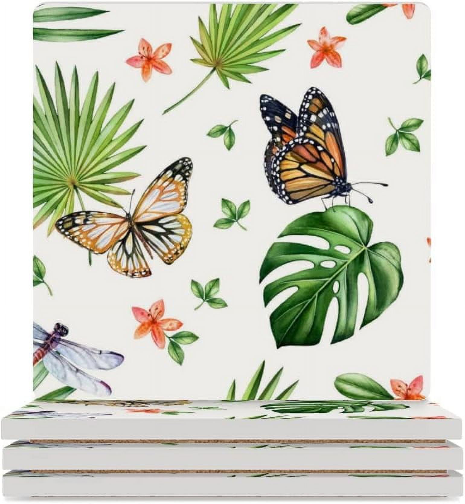 GZHJMY Square Drink Coasters, 6 Pcs Watercolor Tropical Butterflies ...