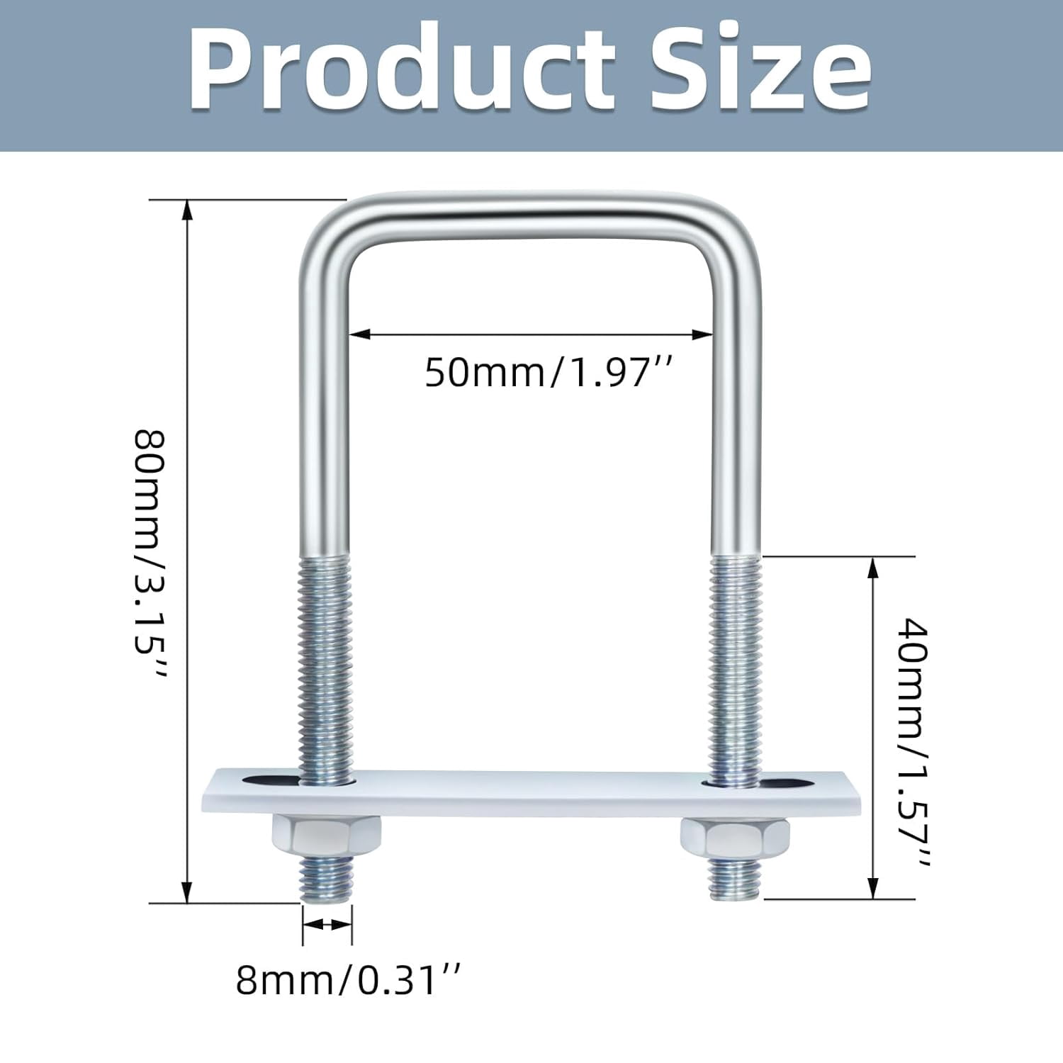 GZHJMY Square U Bolt 4 Sets, 50mm (1.97") Inner Width 80mm (3.15 ...