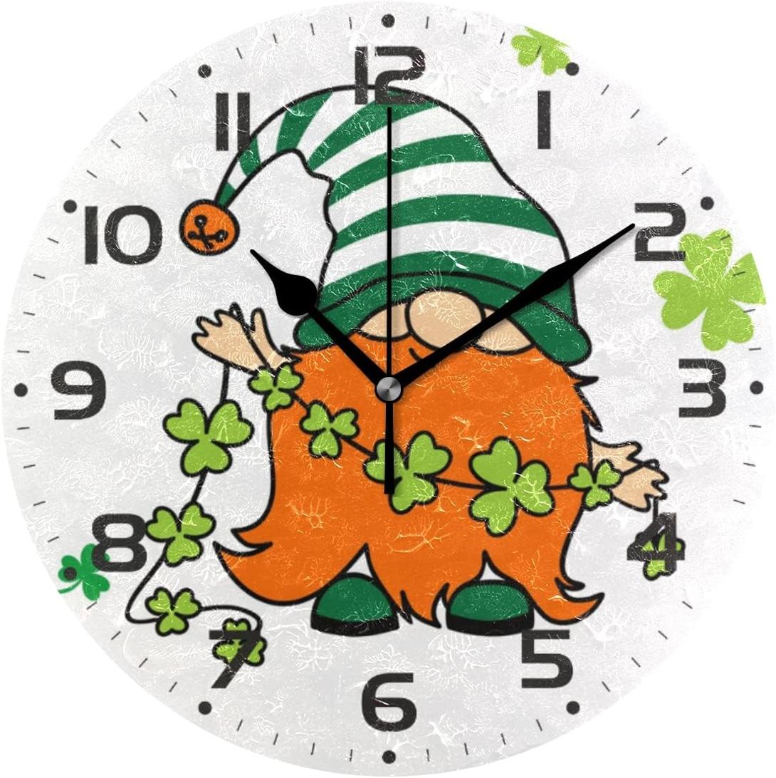 GZHJMY St. Patrick's Day Gnomes Clover Wall Clock, 10" Silent Non ...