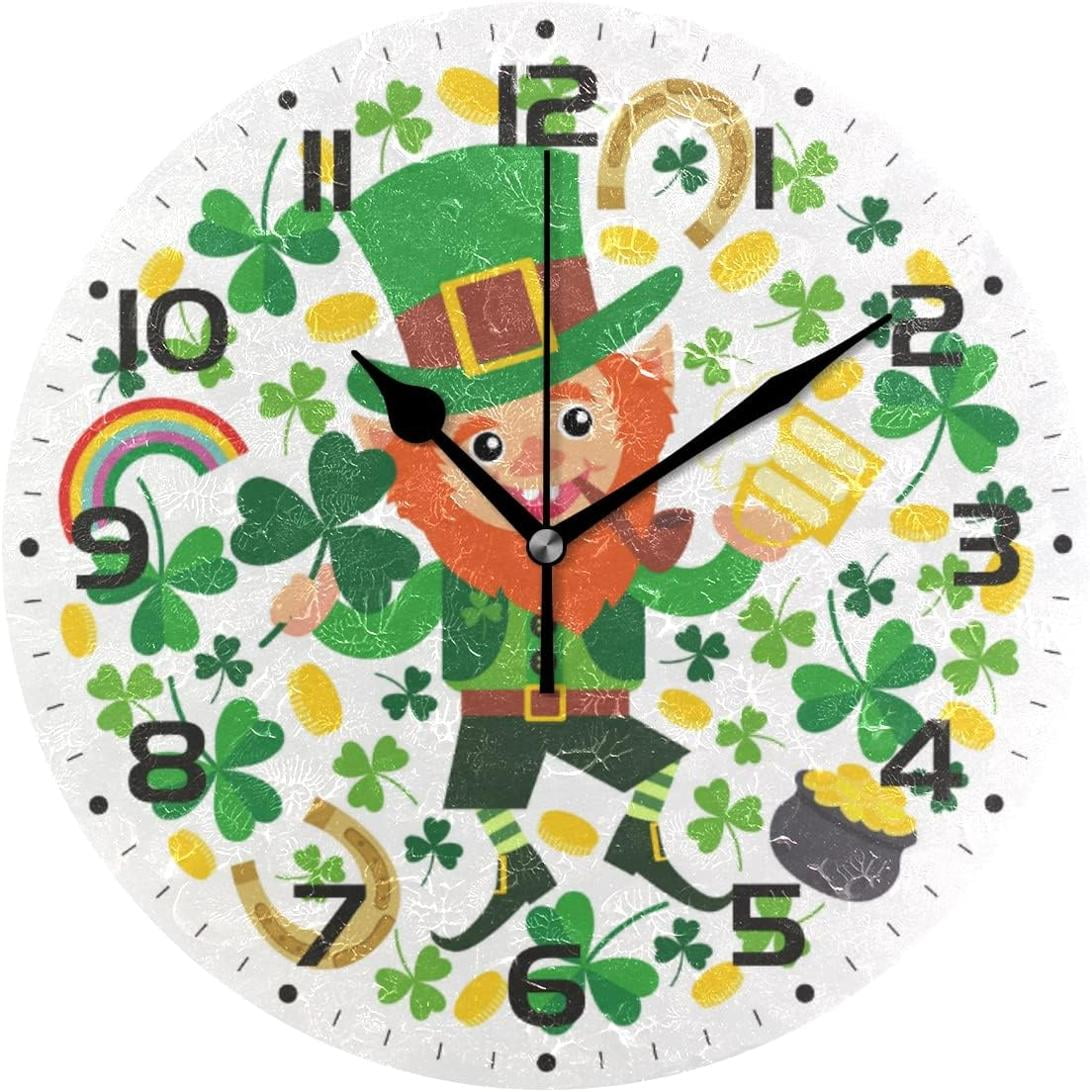 GZHJMY St. Patrick's Day Shamrock Wall Clock, 10" Silent Non Ticking ...