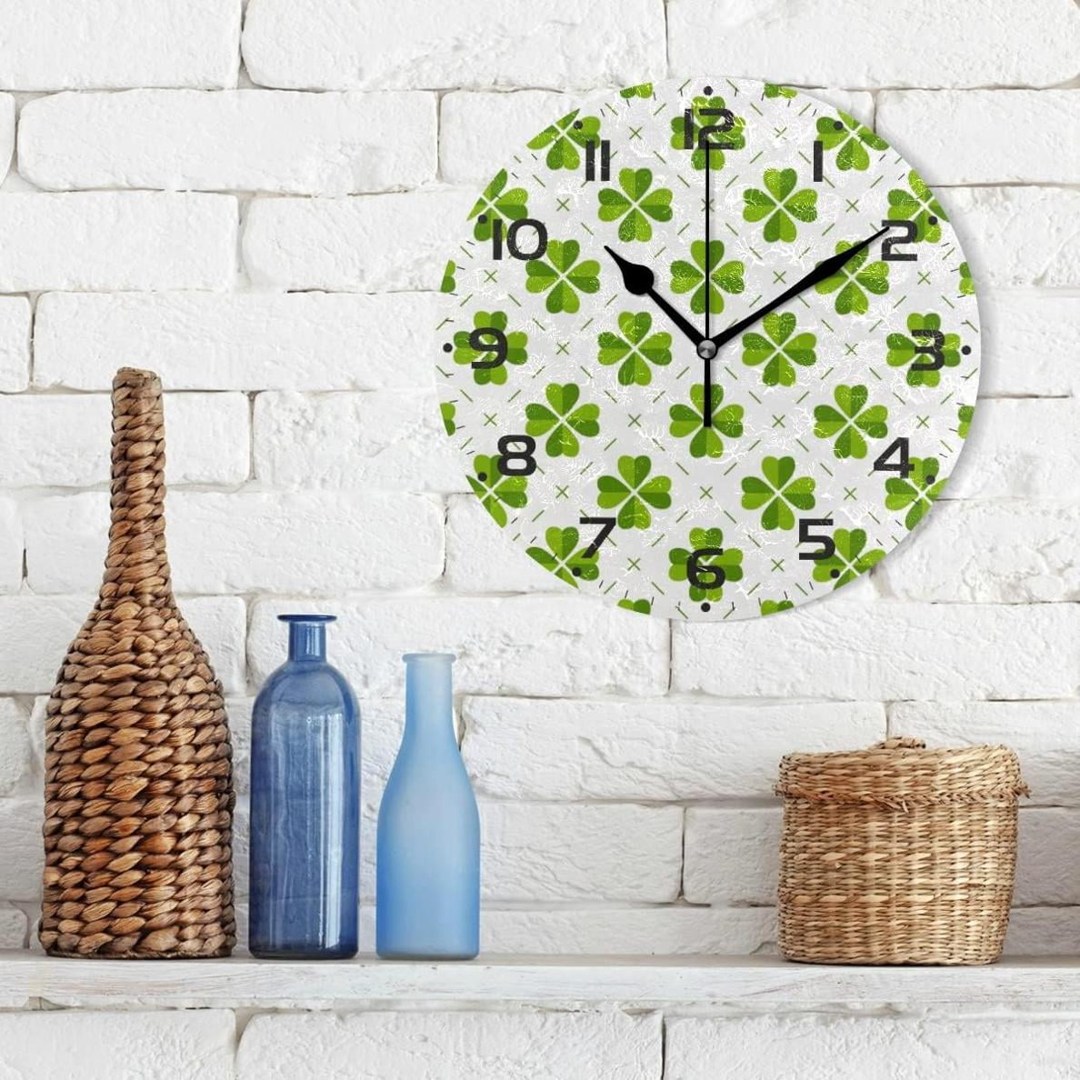 GZHJMY St. Patricks Day Clover Wall Clock, 10" Silent Non Ticking Round ...
