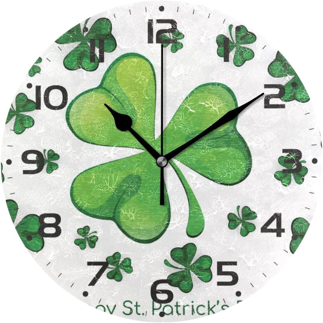 GZHJMY St Patricks Day Clover Wall Clock, 10" Silent Non Ticking Round ...