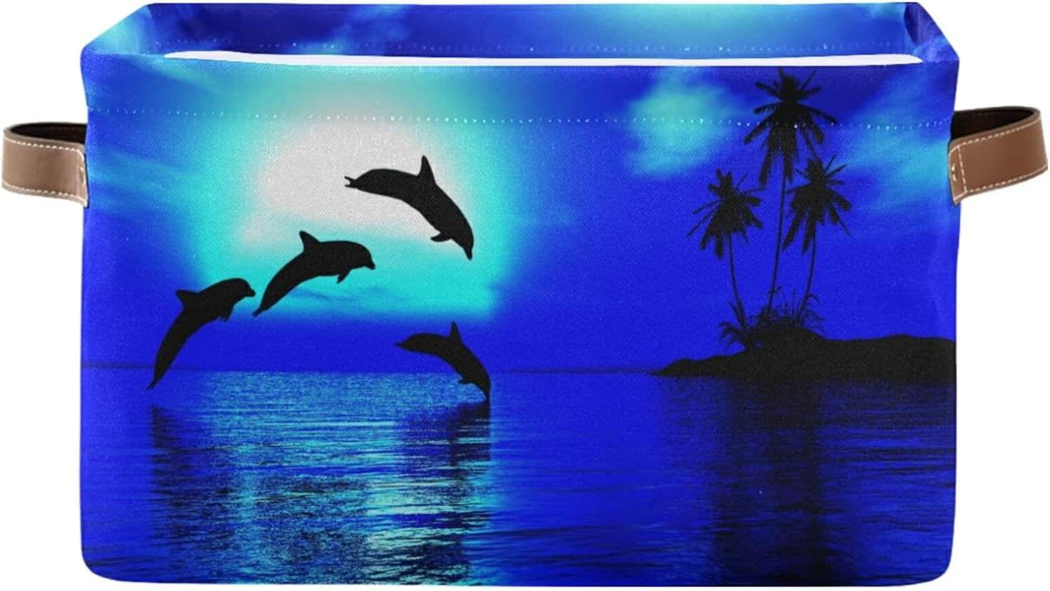 GZHJMY Storage Basket, Blue Lisht Sea Moon Dolphins Storage Bin with ...