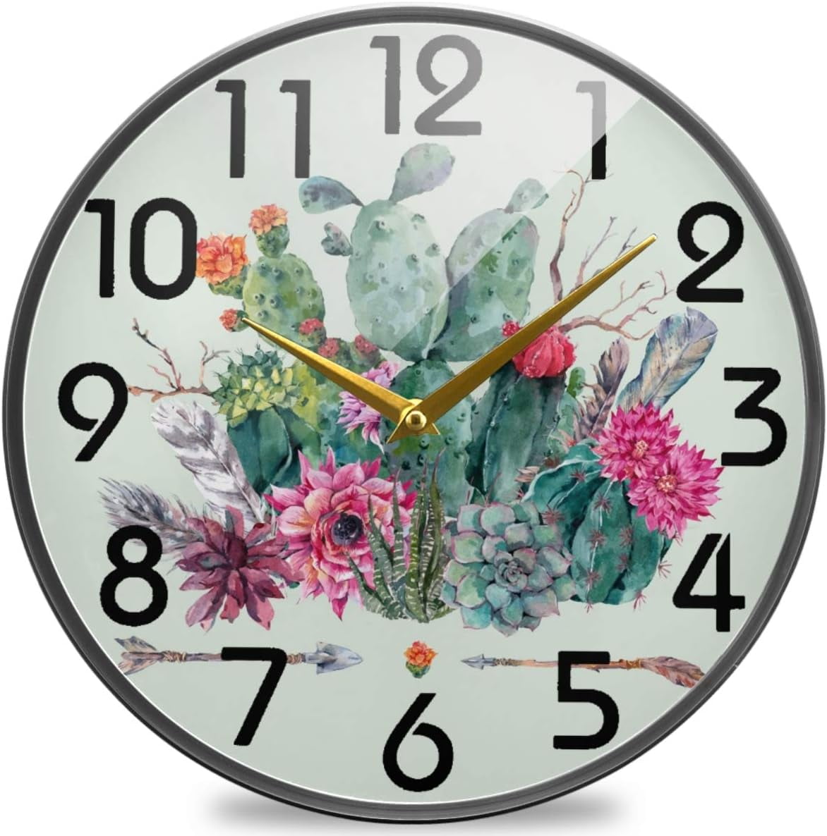 GZHJMY Stylish Boho Cactus Arrow Print Round Wall Clock, 9.5 Inch ...