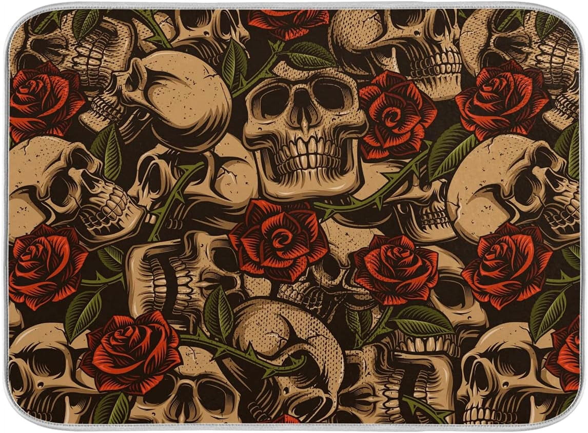 GZHJMY Stylish Retro Skull Red Roses Dish Drying Mat,16 x 18 Inches ...