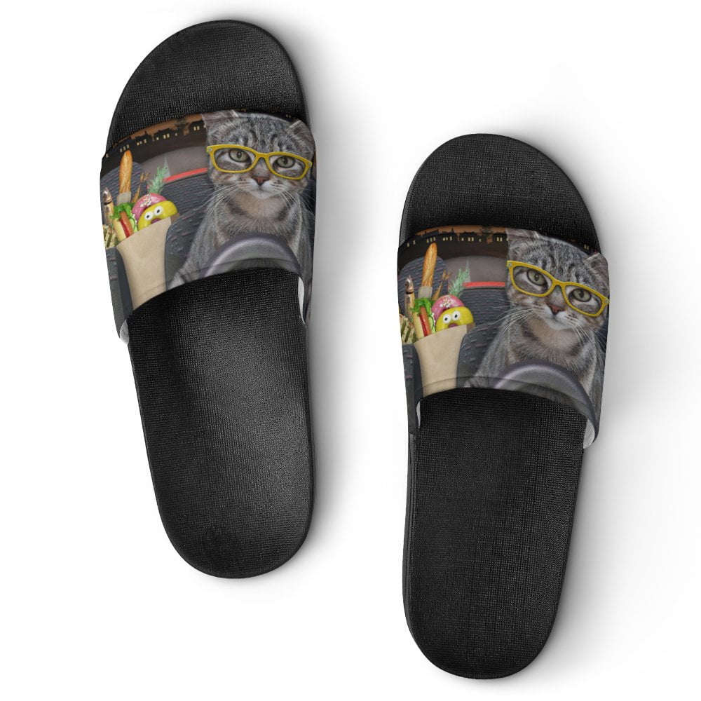 GZHJMY Stylish Slides for Women Men, A Gray Cat in Glasses Is Driving A ...