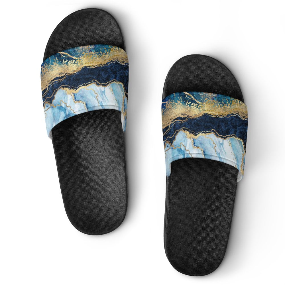 GZHJMY Stylish Slides for Women Men, Blue Gold Marble Abstract Style ...