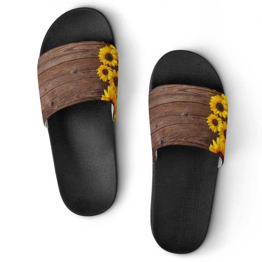 GZHJMY Stylish Slides for Women Men, Brown Wooden Board Sunflower Soft ...