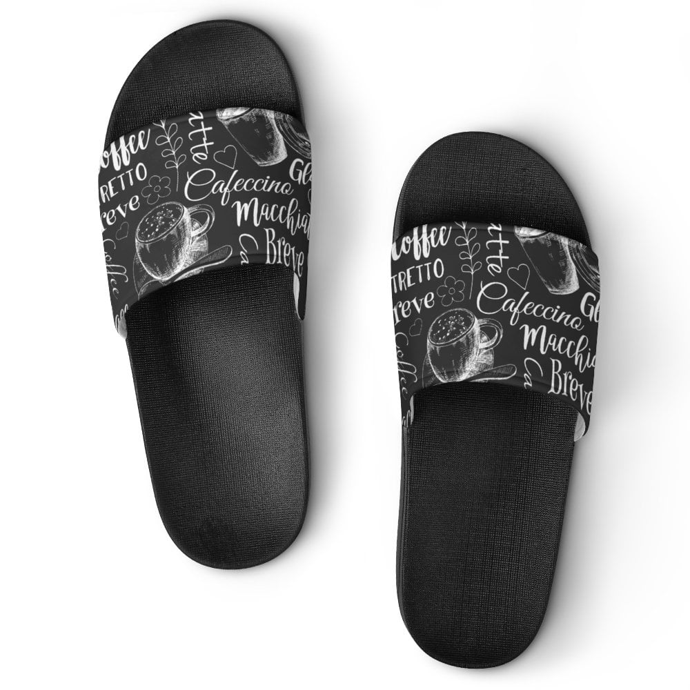 GZHJMY Stylish Slides for Women Men, Coffee Elements Black Background ...
