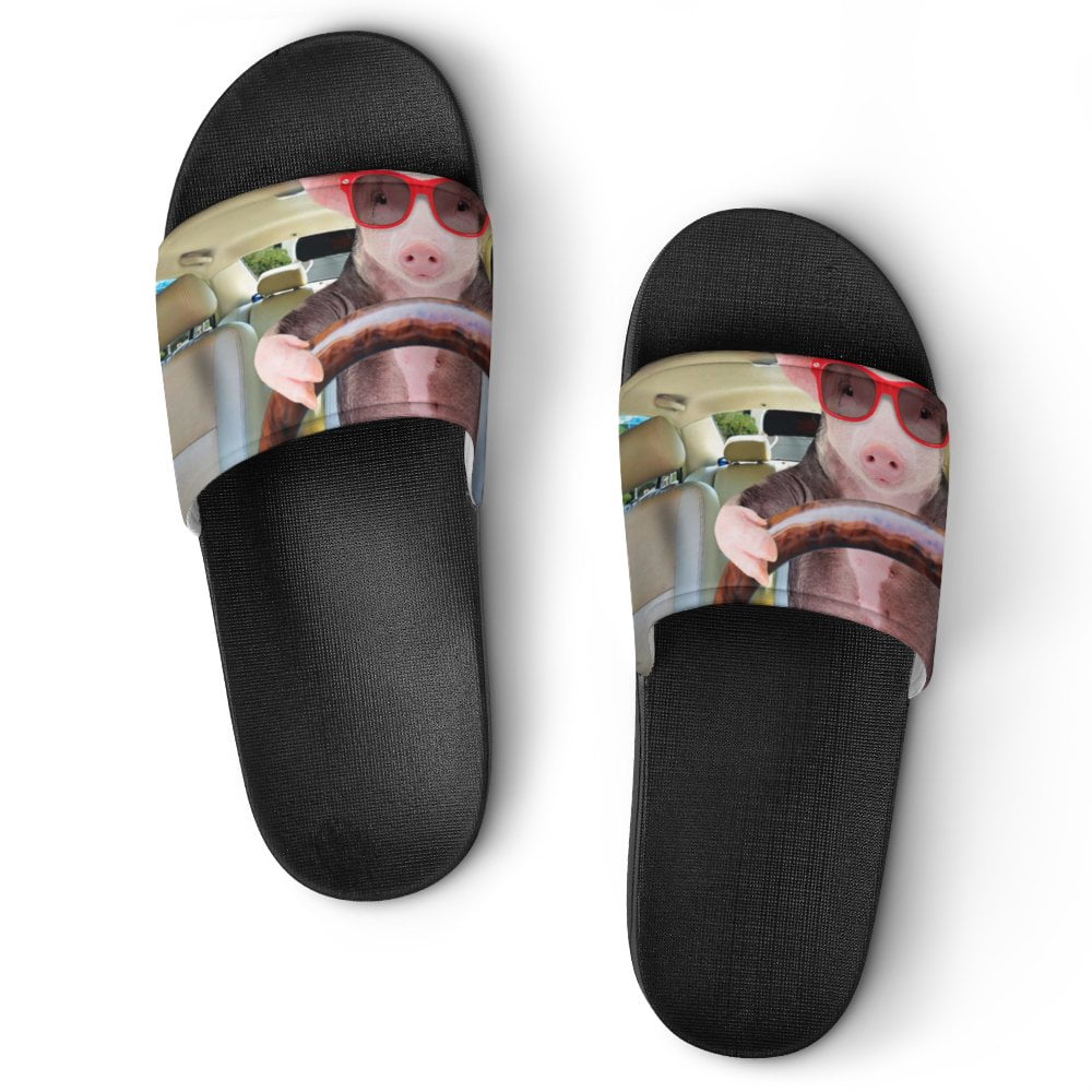 GZHJMY Stylish Slides for Women Men, Funny Pig Driving A Car Soft ...