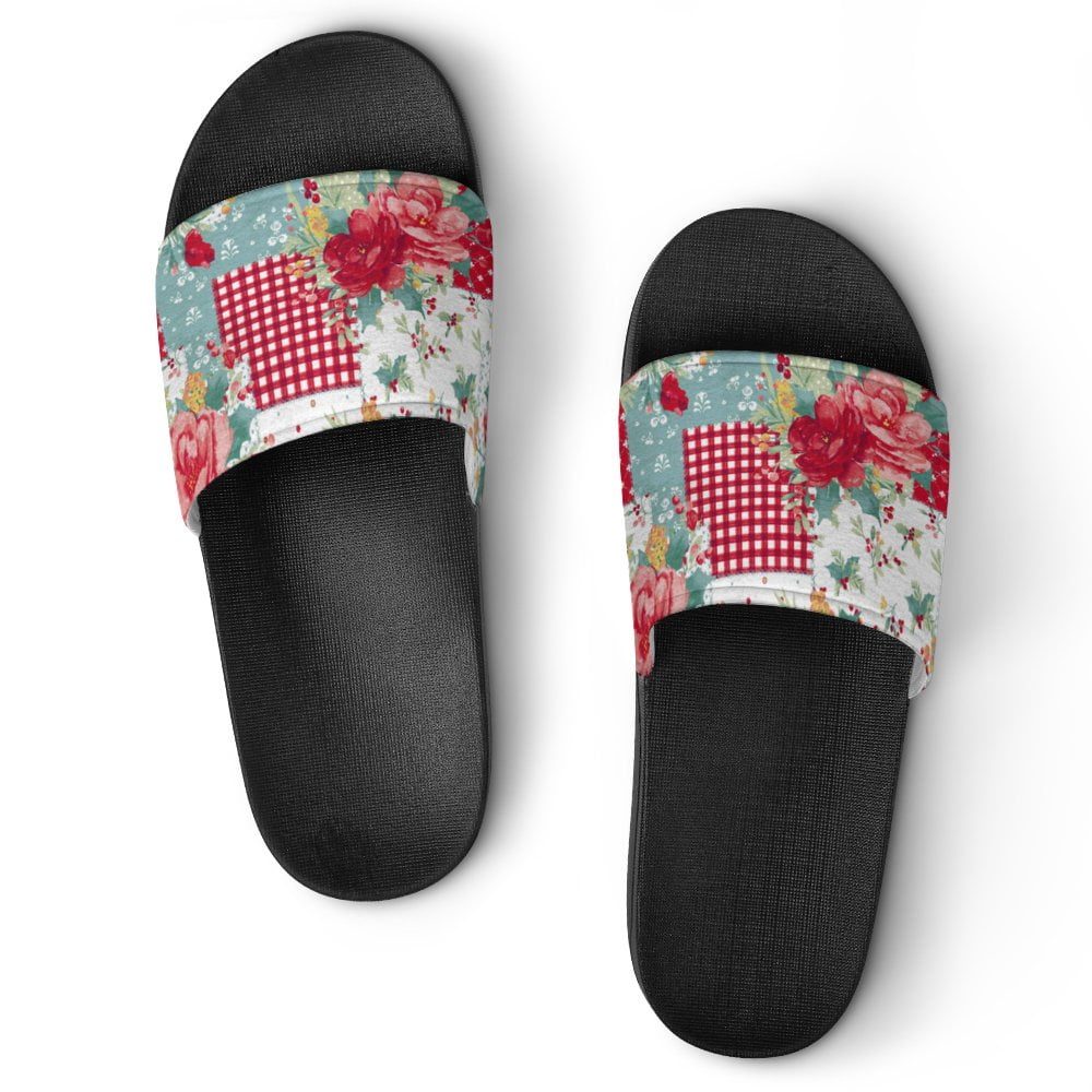 GZHJMY Stylish Slides for Women Men, Red Lattice Flowers Soft Flexible ...