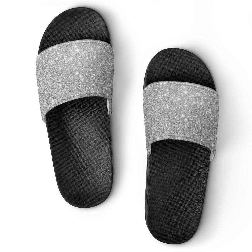 GZHJMY Stylish Slides for Women Men, Silver and White Glitter Abstract ...