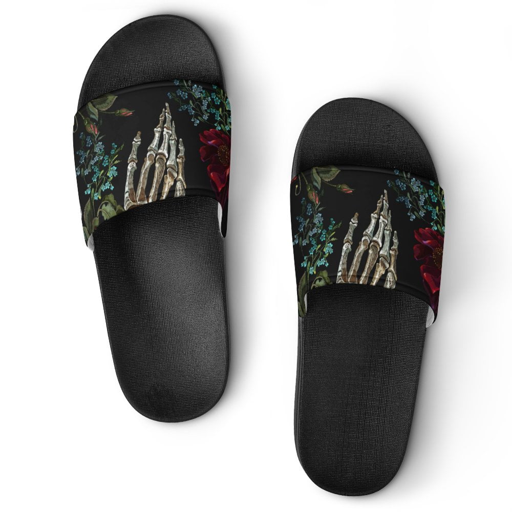 GZHJMY Stylish Slides for Women Men, Skeleton Hands and Red Roses Soft ...