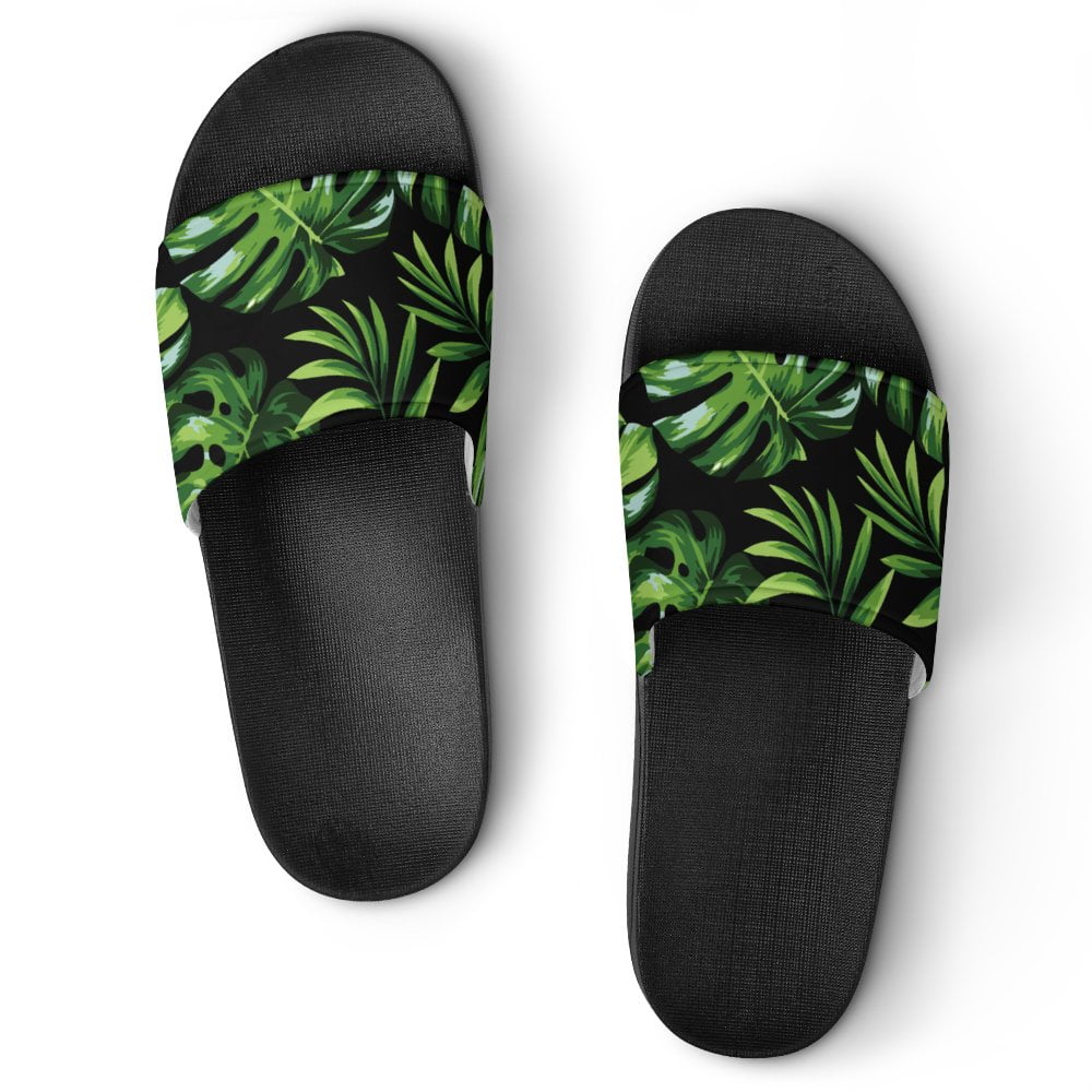 GZHJMY Stylish Slides for Women Men, Tropical Style Palm Leaves Black ...