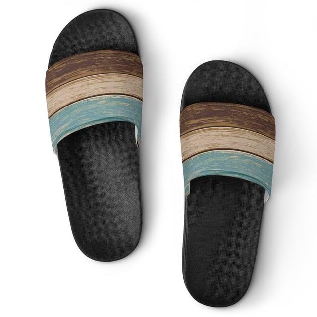 GZHJMY Stylish Slides for Women Men, Vintage Brown Blue Planks Soft ...