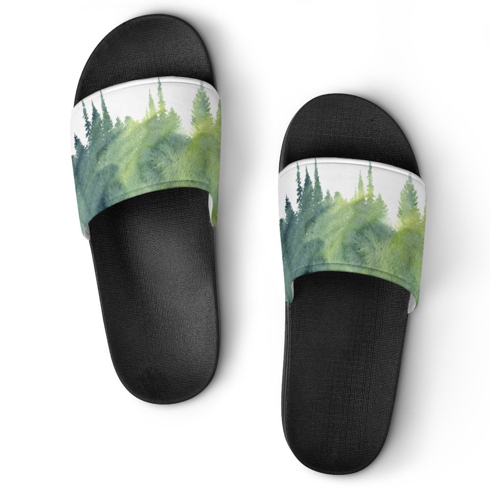GZHJMY Stylish Slides for Women Men, Watercolor Landscape with Pine and ...
