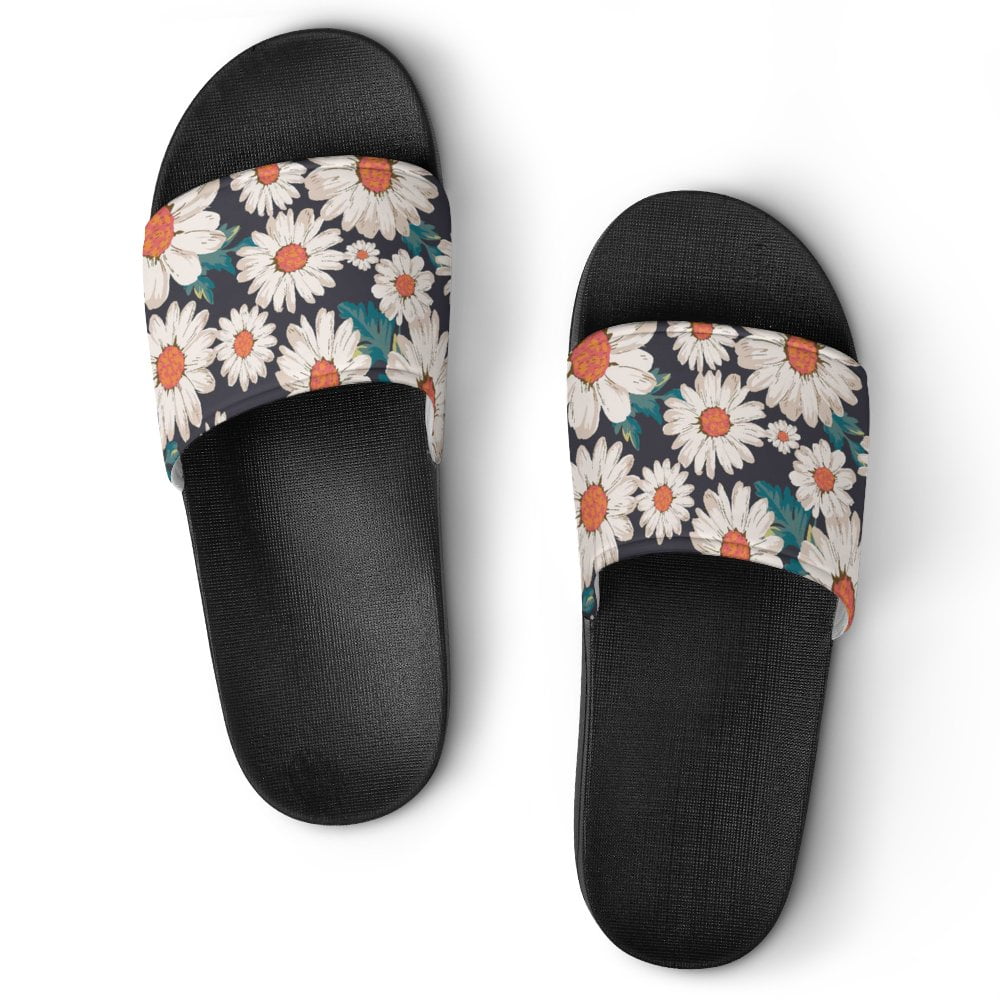 GZHJMY Stylish Slides for Women Men, White Chrysanthemums on Blue ...