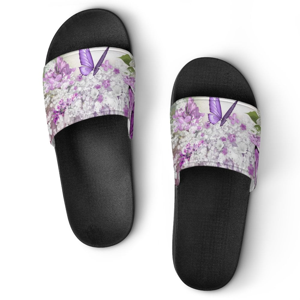 GZHJMY Stylish Slides for Women Men, White Flowers Purple Butterfly ...