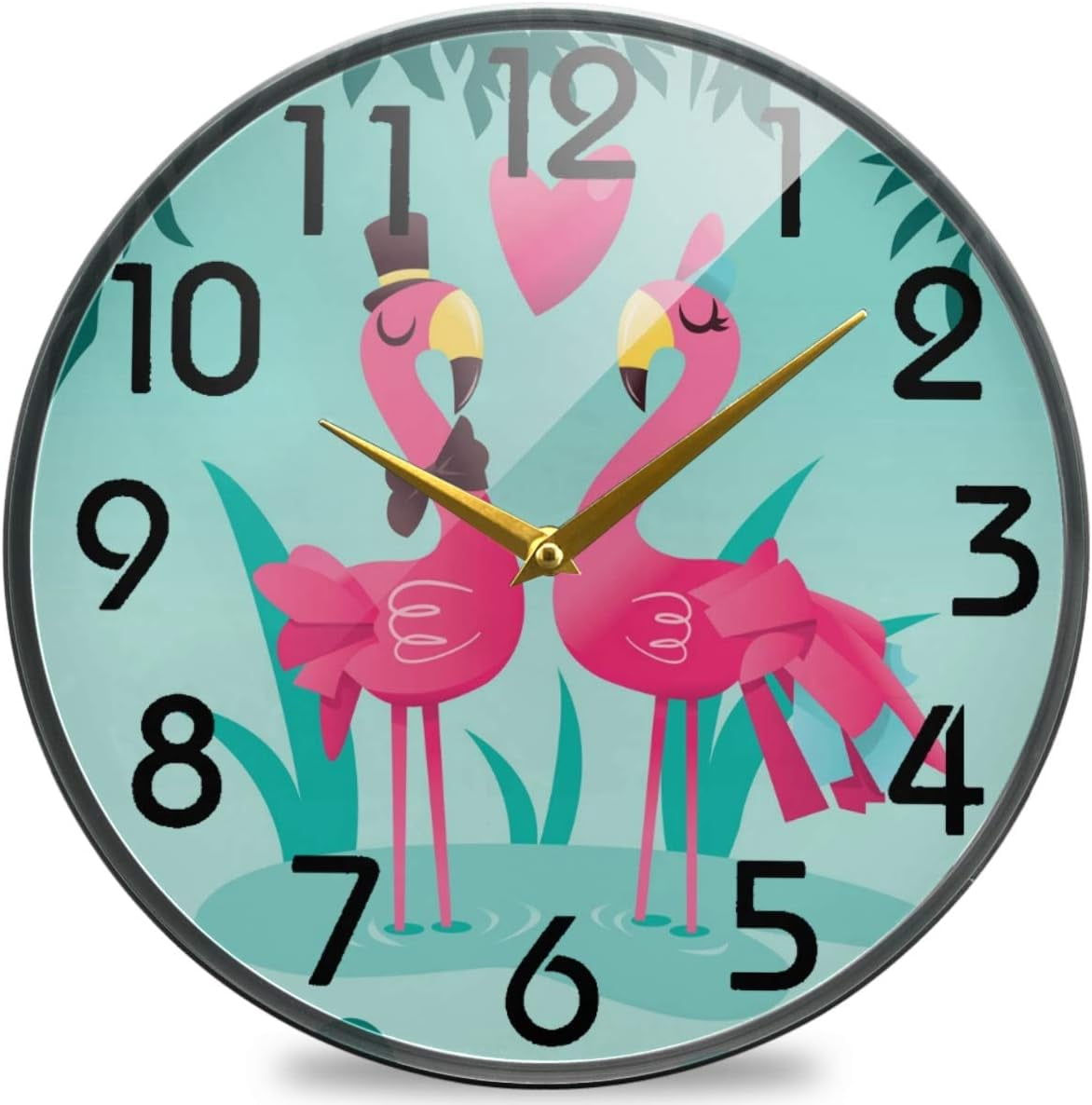 GZHJMY Stylish Tropical Leaves Couple Love Flamingo Round Wall Clock, 9 ...