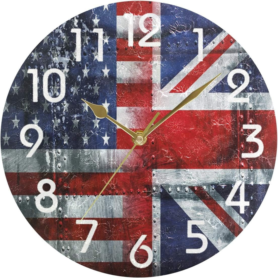 GZHJMY Stylish USA Flag British Flag Round Wall Clock, 9.5 Inch Battery ...