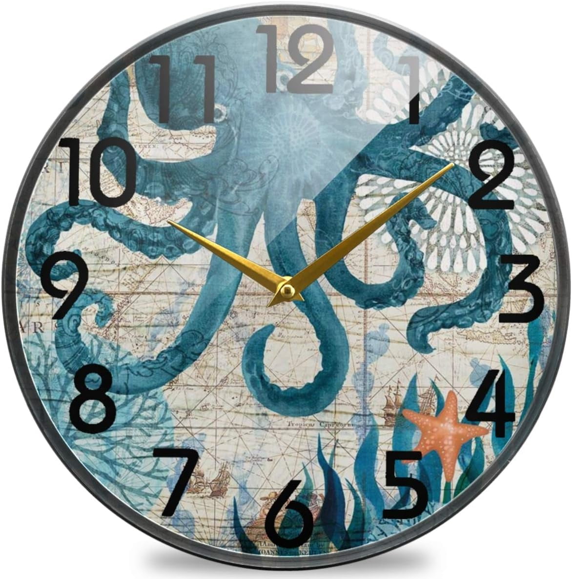 GZHJMY Stylish Vintage Ocean Octopus Starfish Map Print Round Wall ...