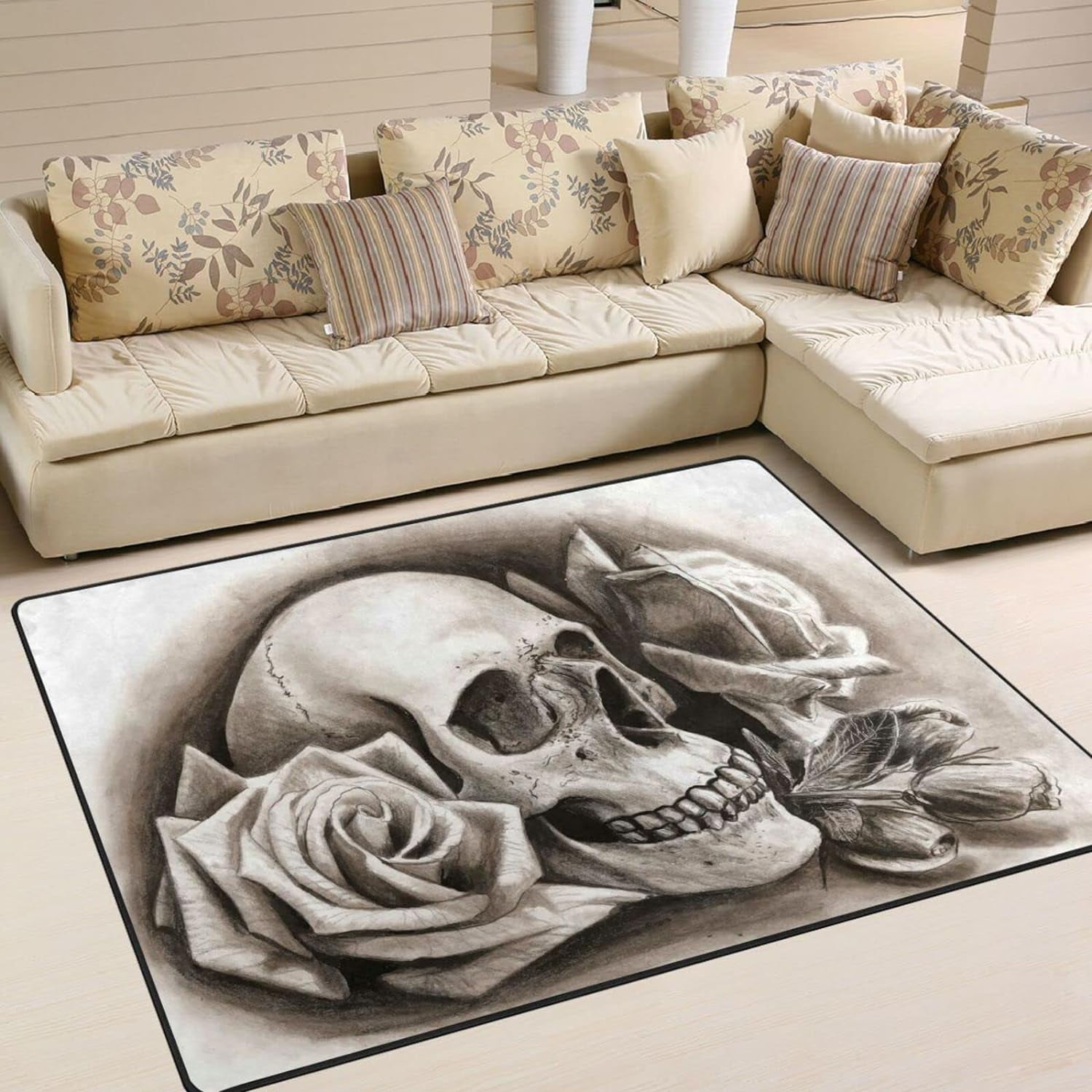 GZHJMY Sugar Skull Rose Flower Art Oil Pianting Area Rug Living Room ...