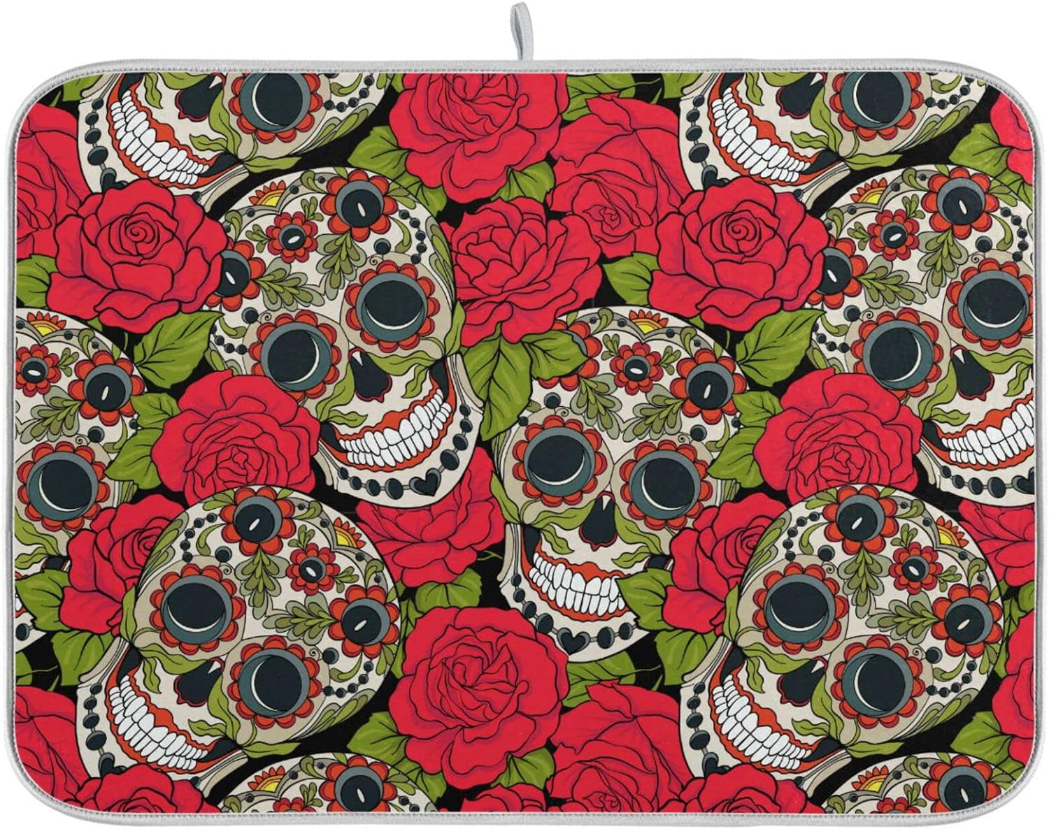 GZHJMY Sugar Skulls Floral Red Rose Absorbent Dish Drying Mat ...