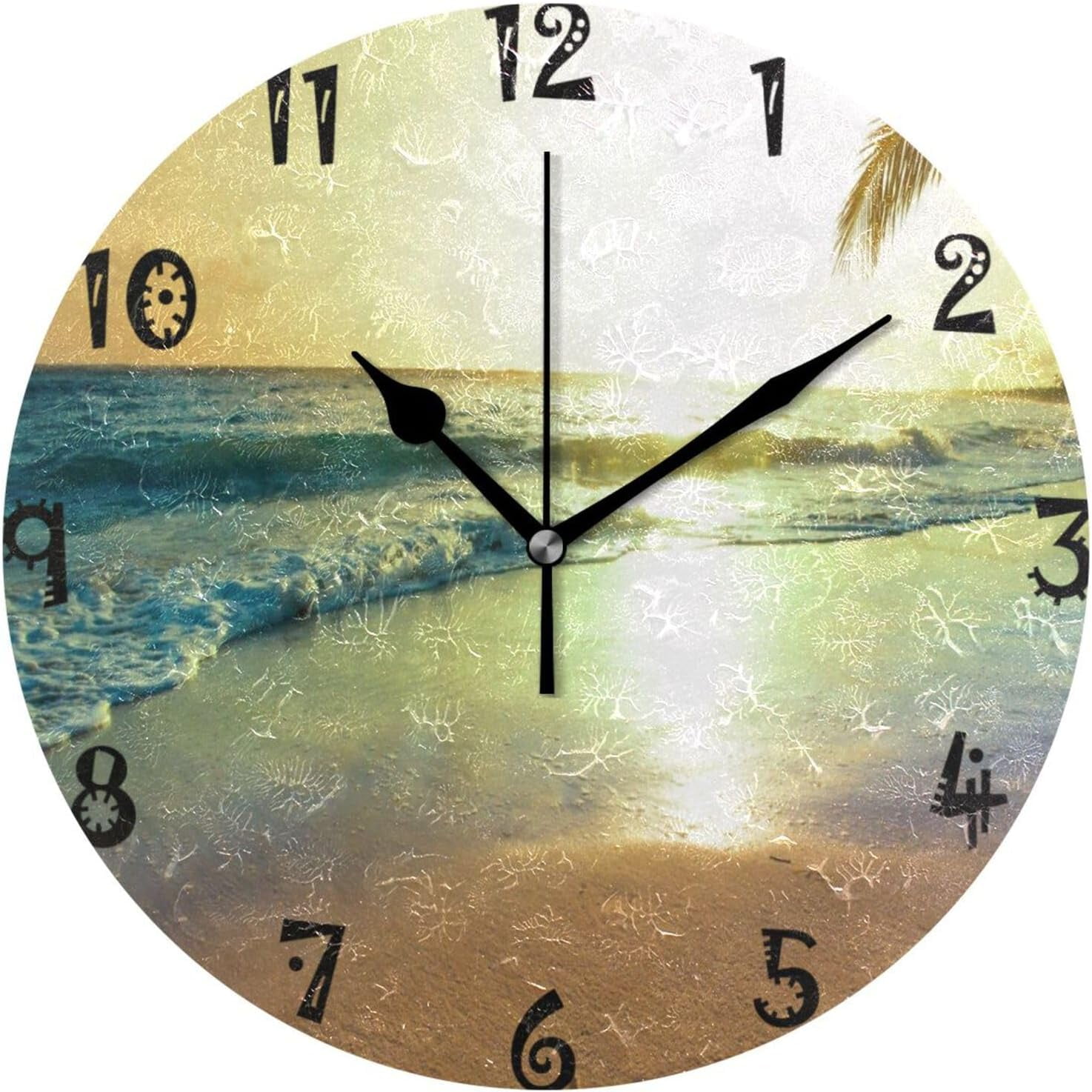 GZHJMY Summer Beach Sunset Wall Clock,Silent Non Ticking 10 Inch Battery Operated Round PVC Wall ...