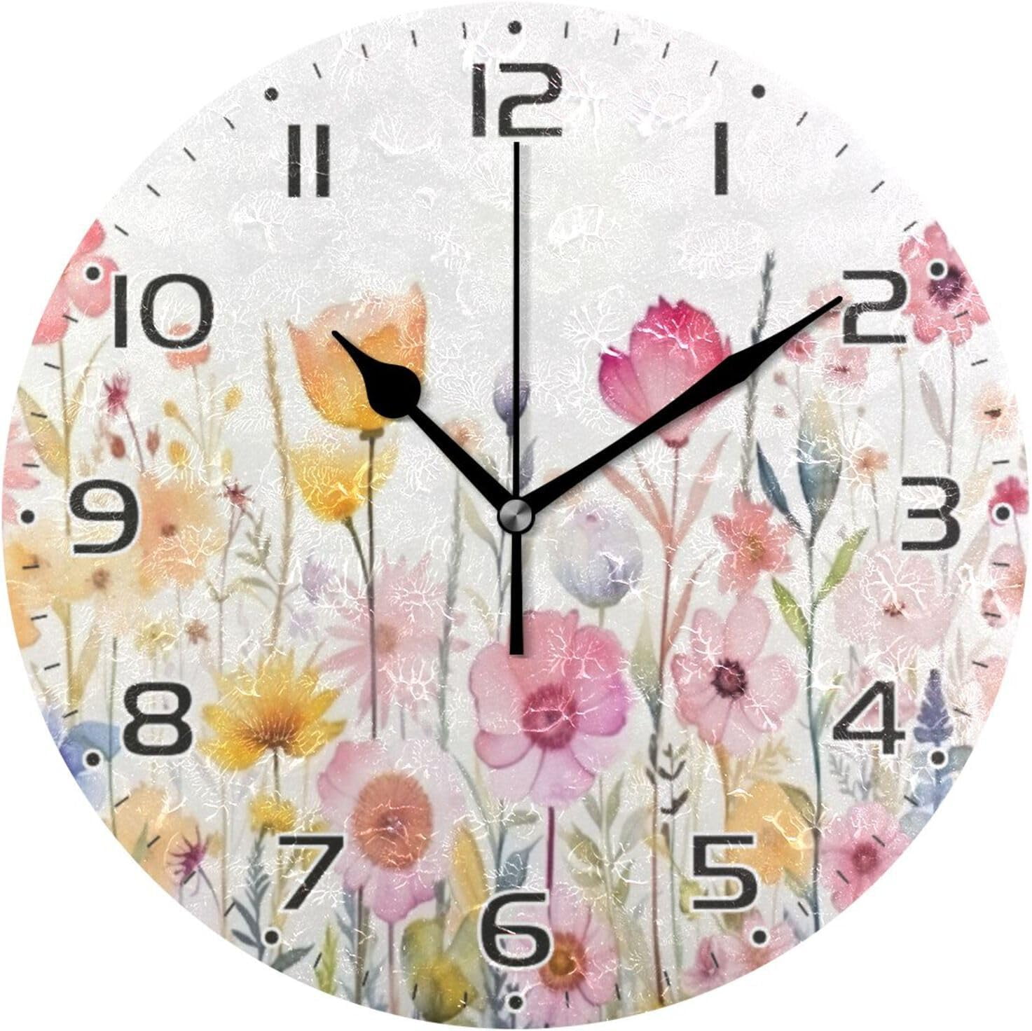 GZHJMY Summer Flowers Clock Silent Round Wall Clock Non Ticking Battery ...