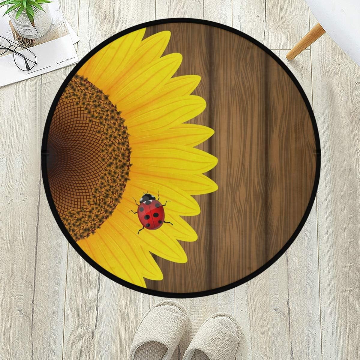 GZHJMY Sunflower Anti Fatigue Round Area Rug, Ladybird Non Slip ...