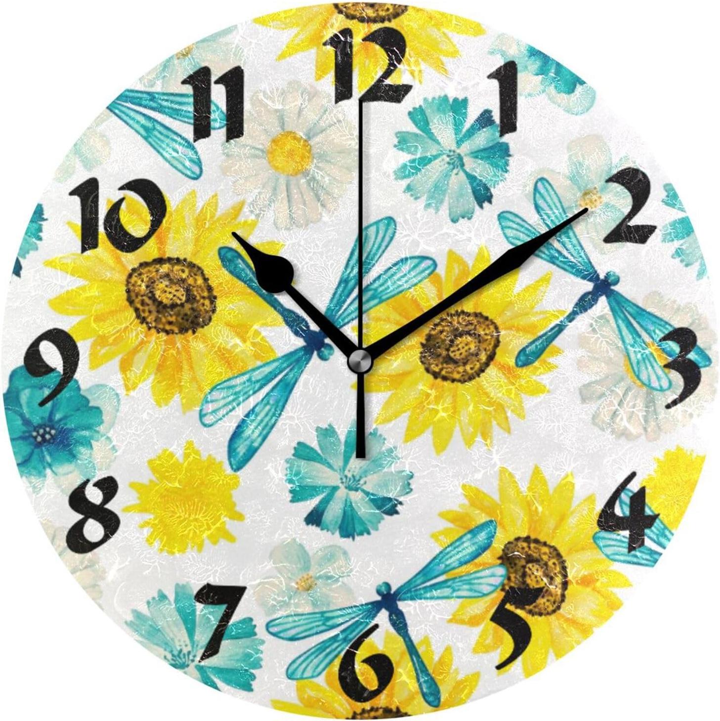 GZHJMY Sunflower Dragonfly Round Wall Clock,Silent Non Ticking Battery ...
