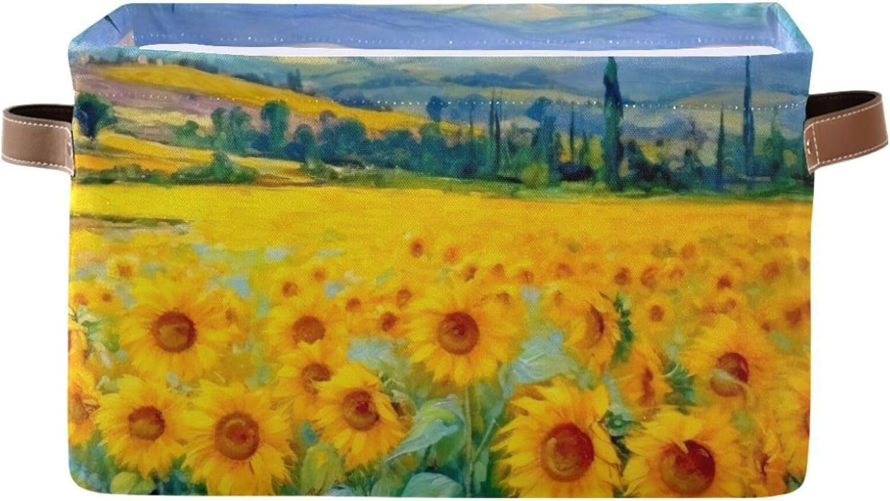 Gzhjmy Sunflower Field Storage Bins Foldable Canvas Fabric Storage Basket With Handles For